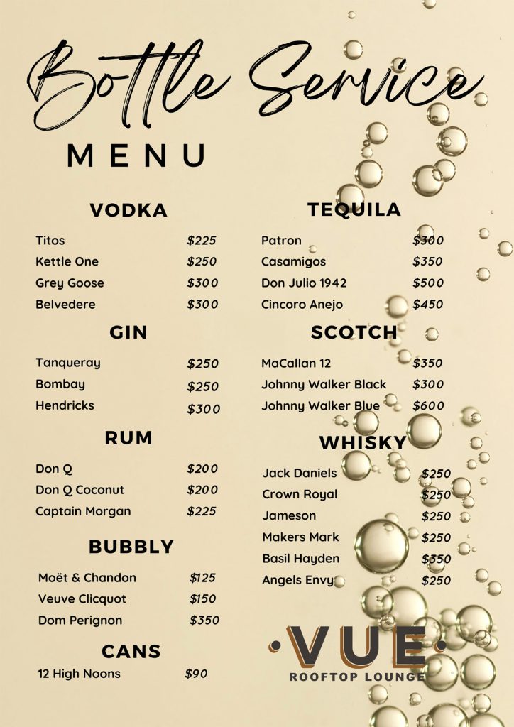 VUE Rooftop Lounge Bottle Service Menu - VUE Rooftop Lounge at Curtiss ...